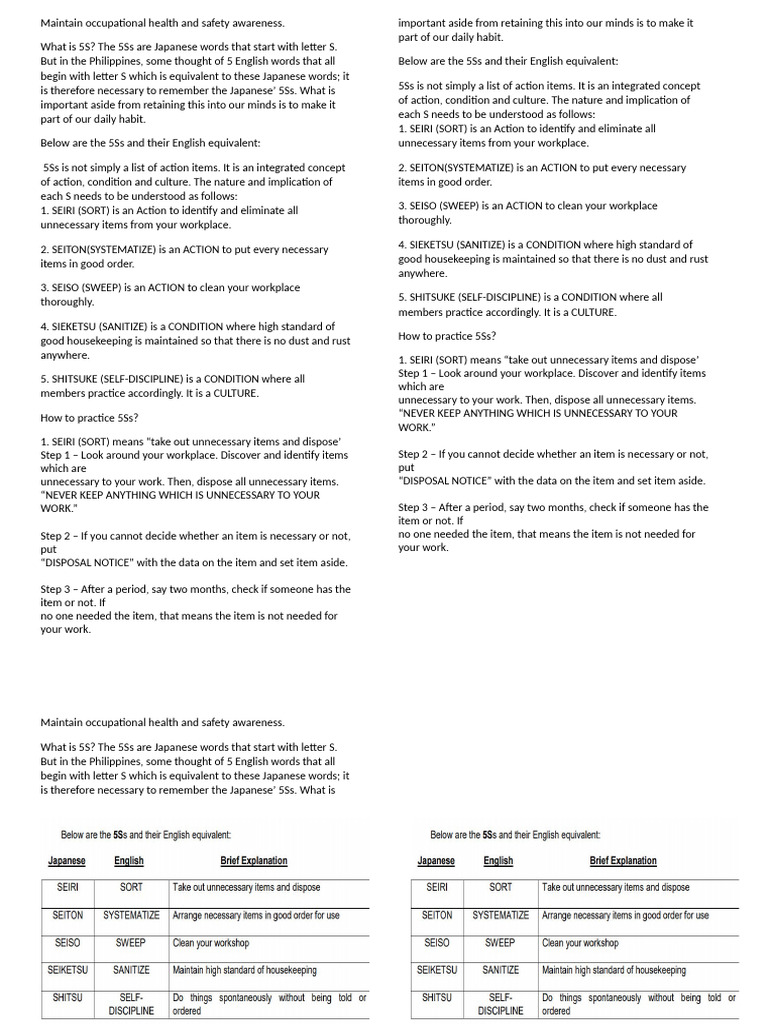 Maintain Occupational Health and Safety Awareness | PDF | Housekeeping