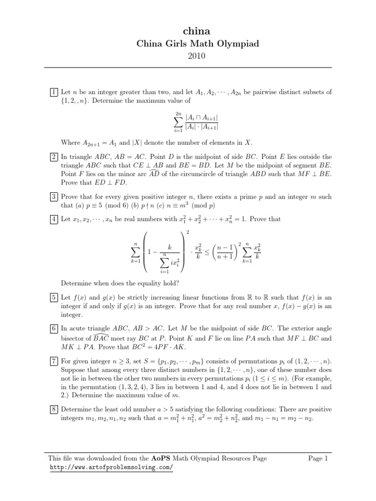 China China Girls Math Olympiad 2010 148 | PDF | Triangle | Discrete ...