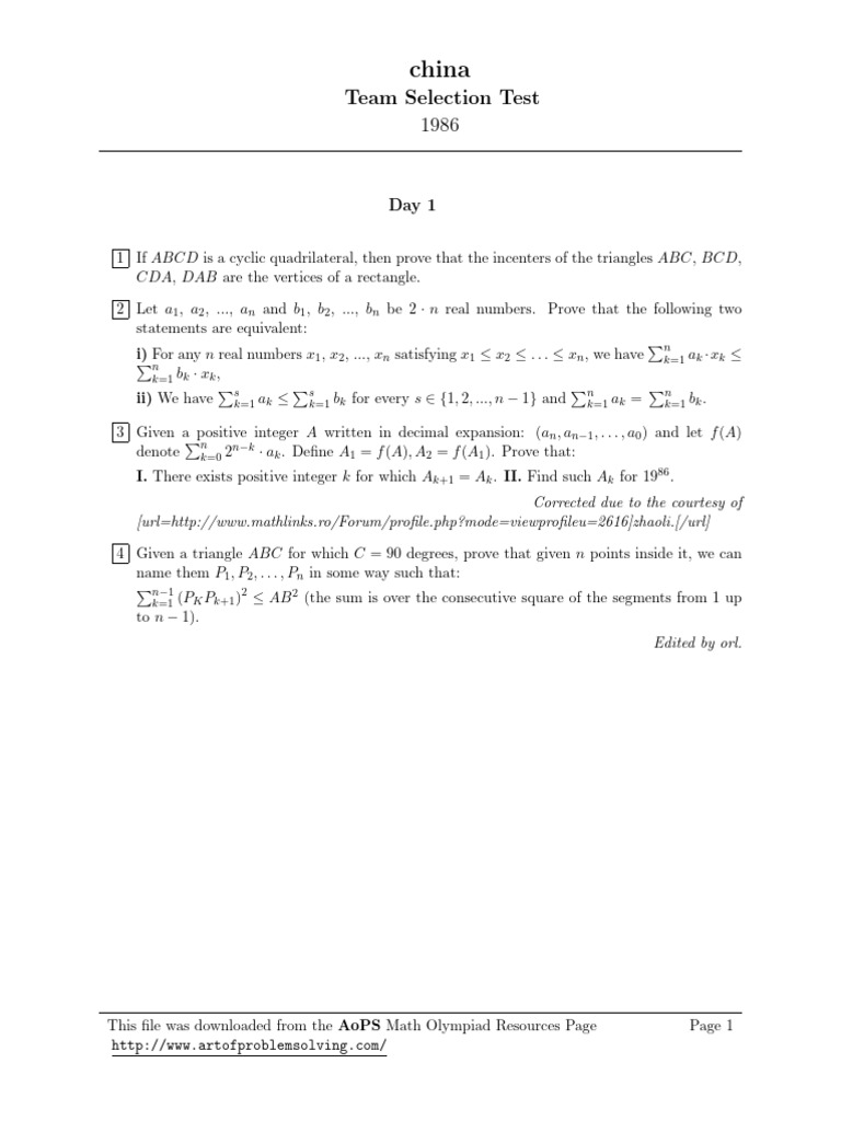 China Team Selection Test 1986 | PDF | Elementary Mathematics | Geometry