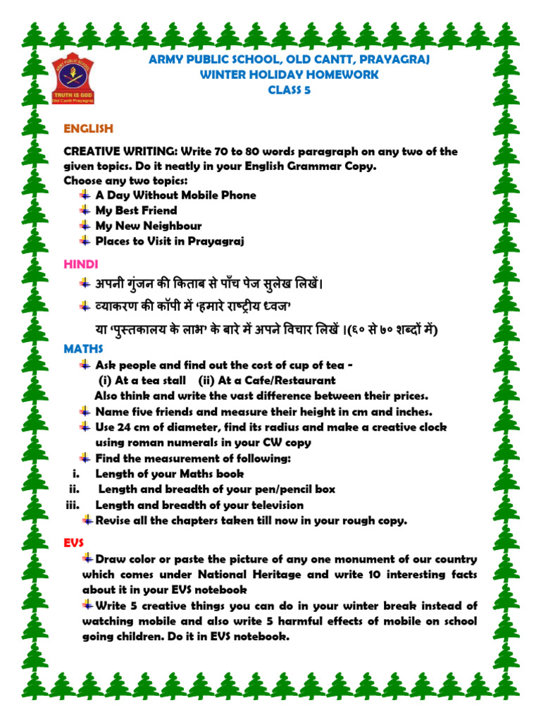 Class 5 Winter Homework Assignments | PDF