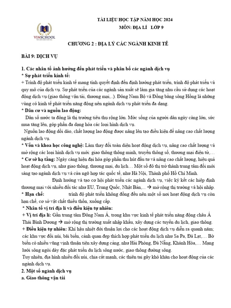 Tai Lieu Hoc Tap Dia Li 9 - Bai Dich Vu | PDF