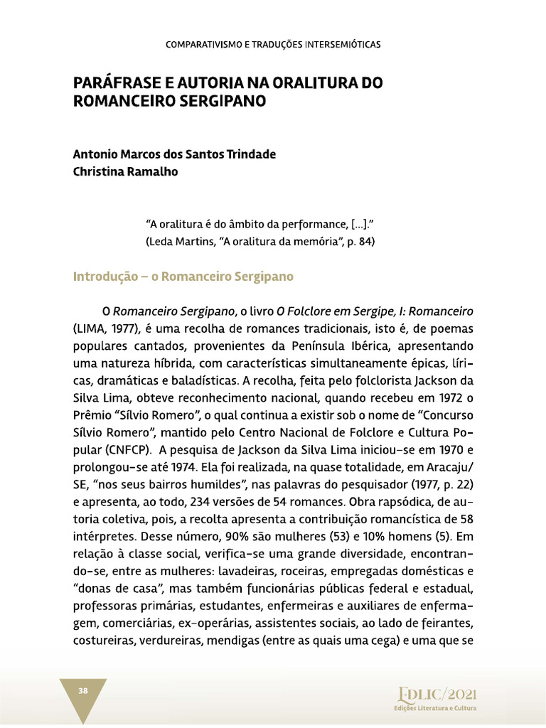PARÁFRASE E AUTORIA NA ORALITURA DO ROMANCEIRO SERGIPANO | PDF