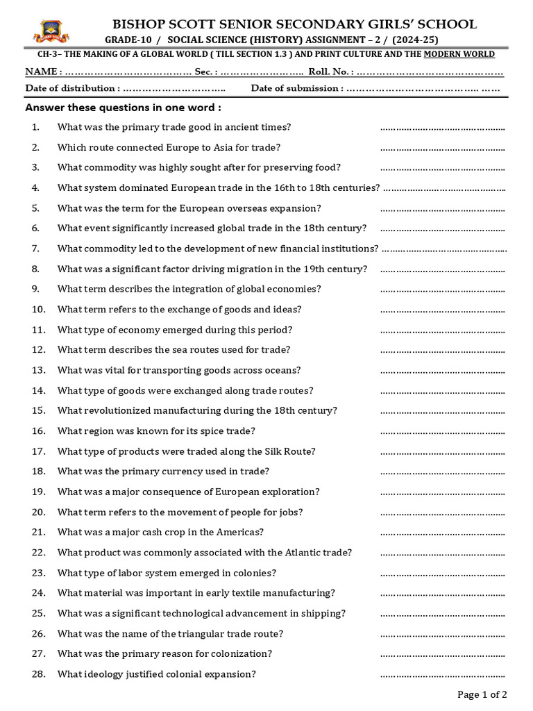 G 10 Social Science Worksheet 2 | PDF | Printing Press | Trade