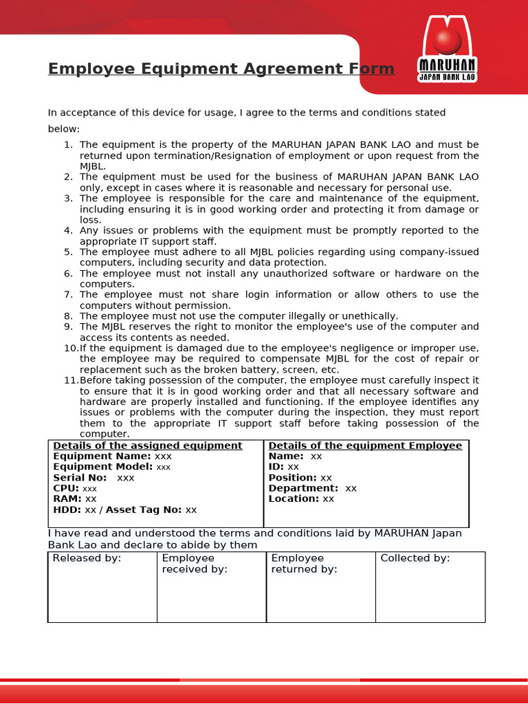 Equipment Agreement - Simple Form | PDF