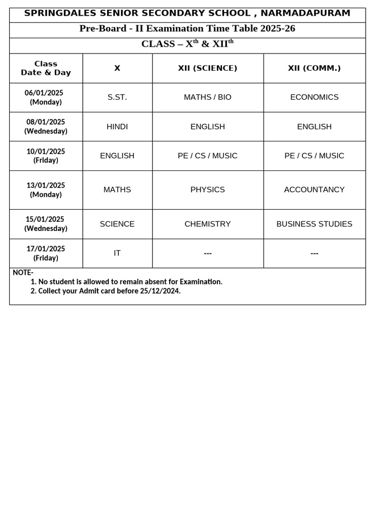 Preboard TIME TABLE 7.11.2024-25 class 10-12 | PDF