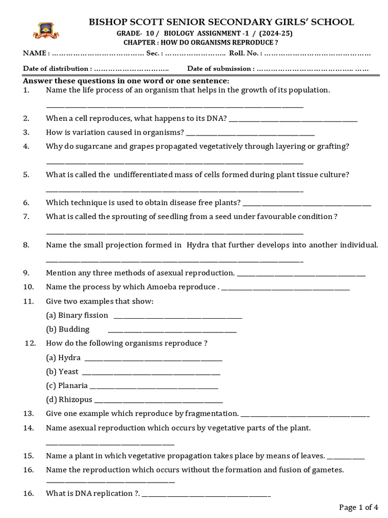 Class 10 Reproduction Worksheet | PDF | Sexual Reproduction | Fertilisation