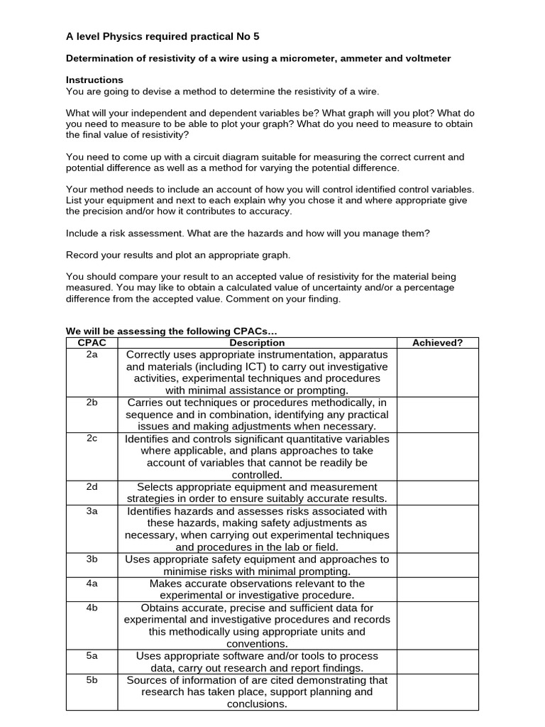 A Level Physics Required Practical No 05 - Resistivity Worksheet | PDF ...