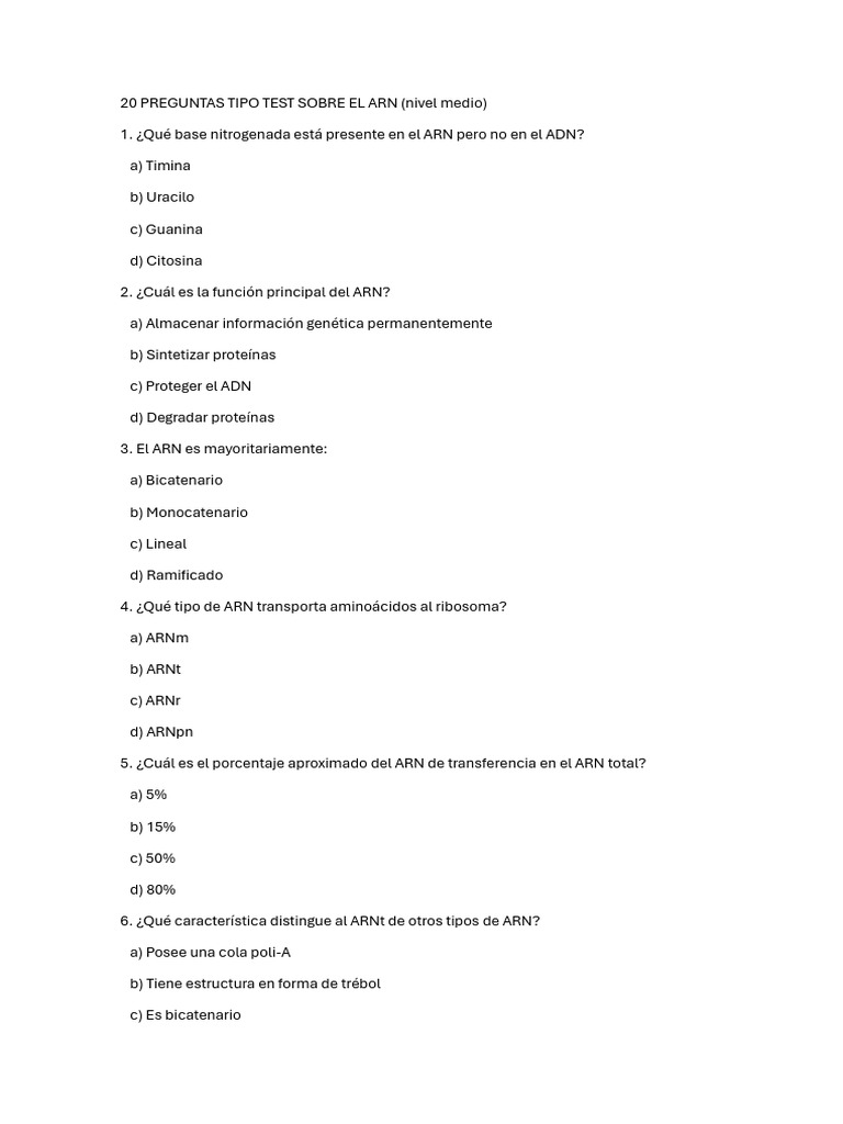 20 Preguntas Test sobre ARN: Nivel Medio y Difícil | PDF | Rna ...