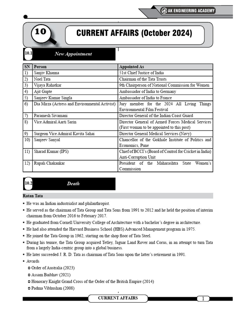 Oct 2024 Current Affairs | PDF