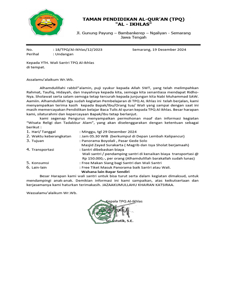 Undangan TPQ Wisata Religi 2024 | PDF