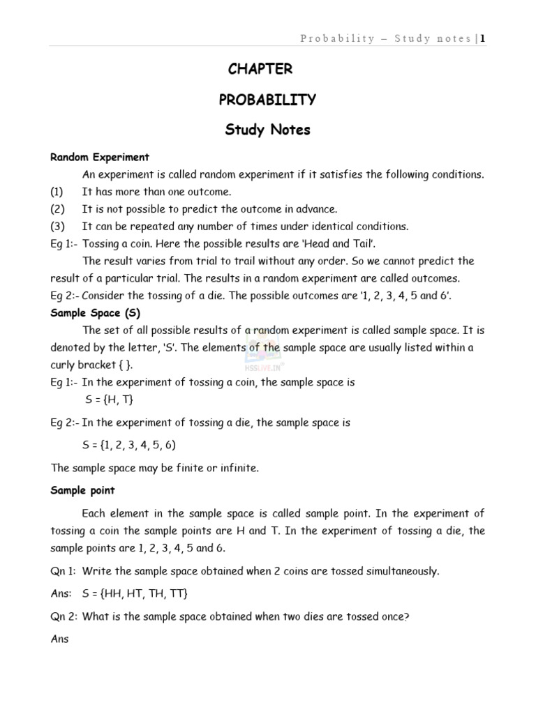Hsslive-Xi-Statistics-8. Probability - Focus Area Based Notes - Eng ...