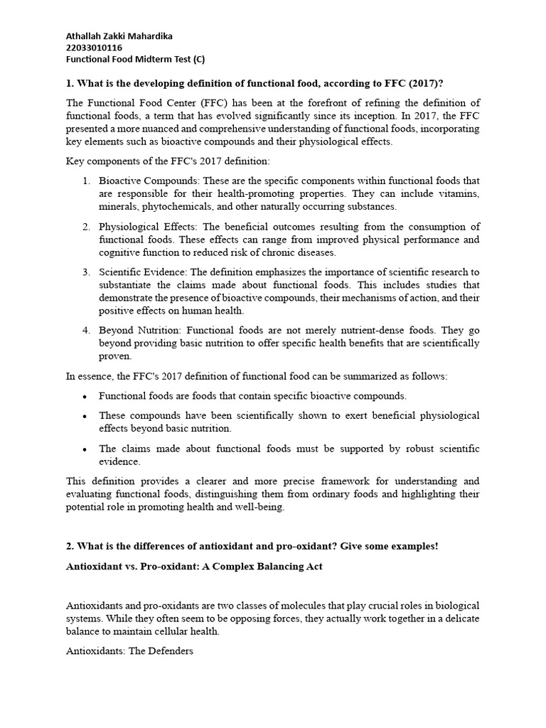 Athallah Zakki Mahardika - Functional Food Midterm Test 2024 | PDF ...