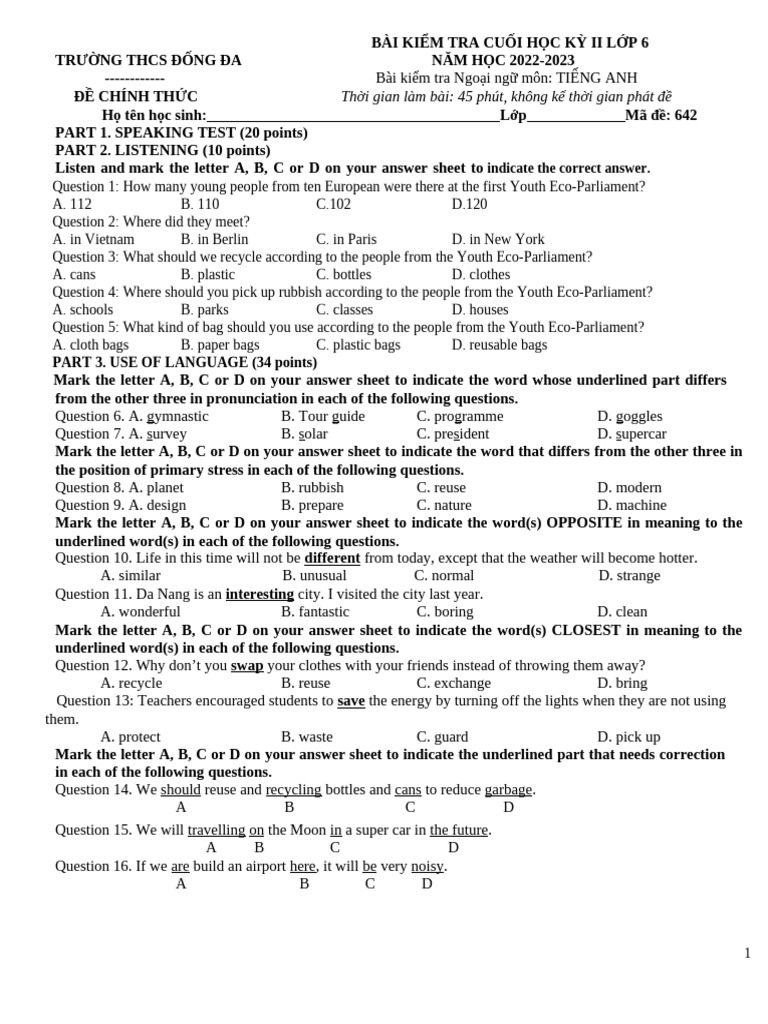 Đề 642 | PDF | Bedroom | Room