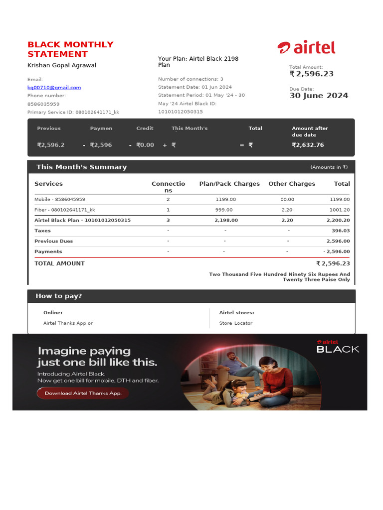 580933343-Sample-airtel-bill-copy | PDF | Credit Card | Cheque