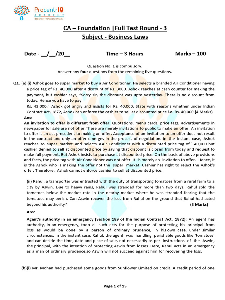 CA Foundation-Business Laws-FTR 3-Ans. | PDF | Limited Liability Partnership | Partnership