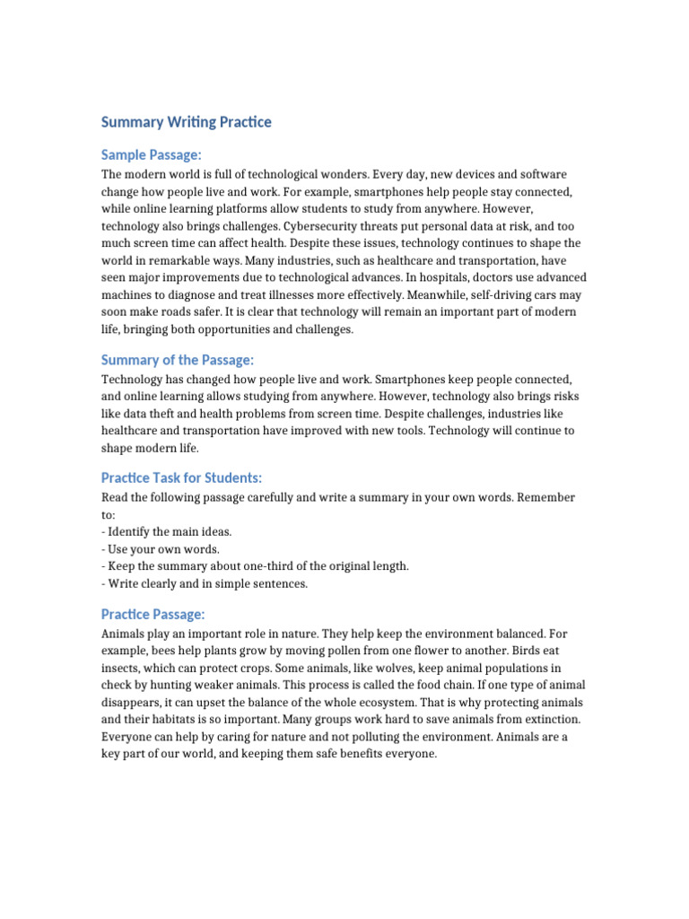 Summary Writing Practice | PDF