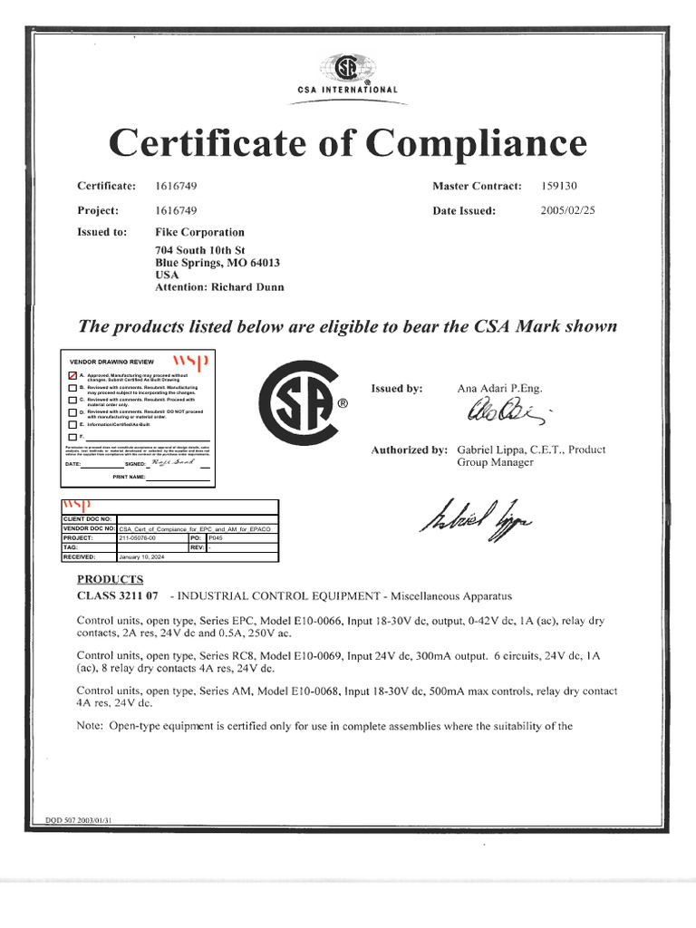 CSA Cert of Compiance For EPC and AM For EPACO | PDF