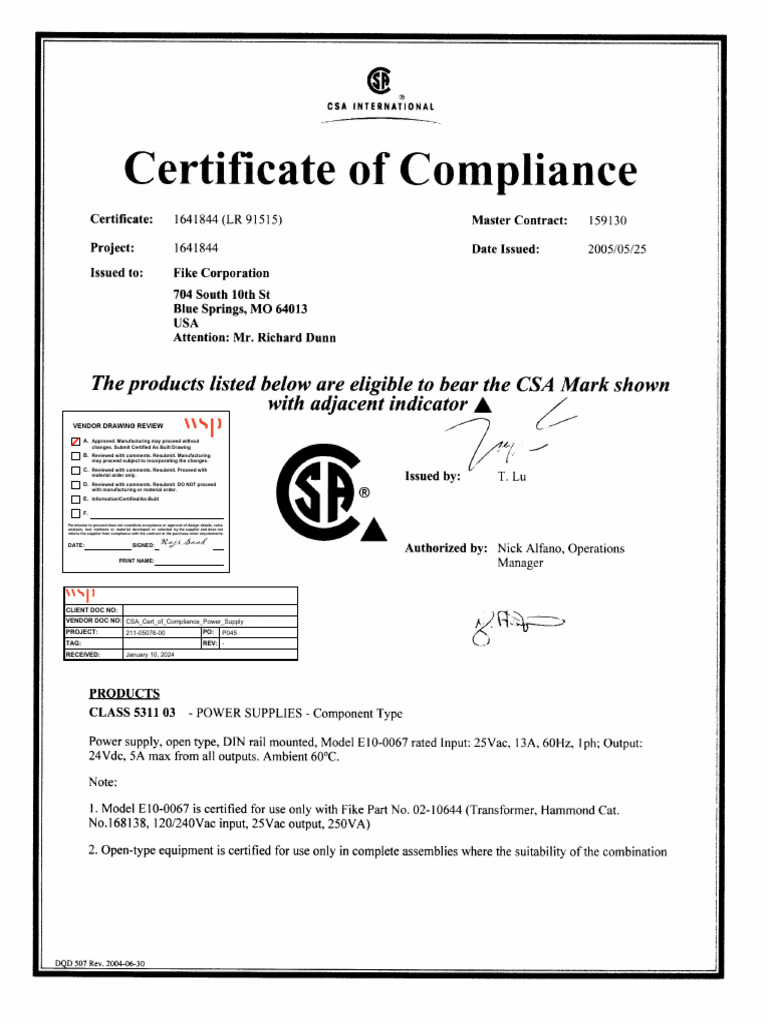 CSA Cert of Compliance Power Supply | PDF