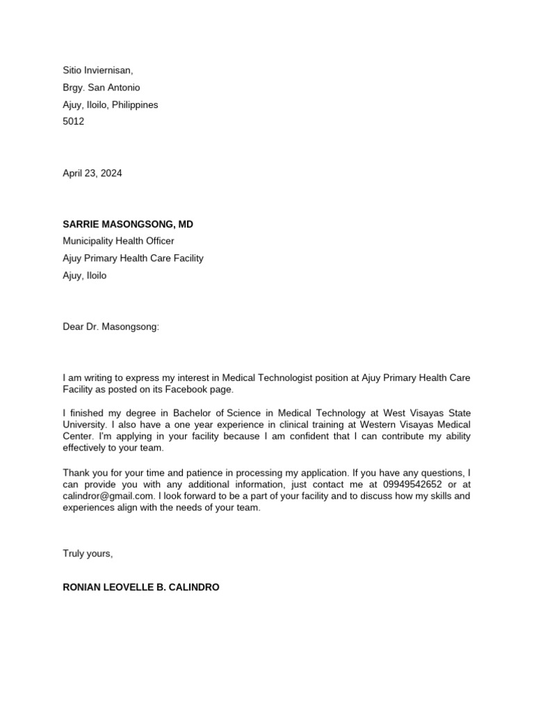Medical Technologist Application Ajuy | PDF | Health Care | Health Sciences
