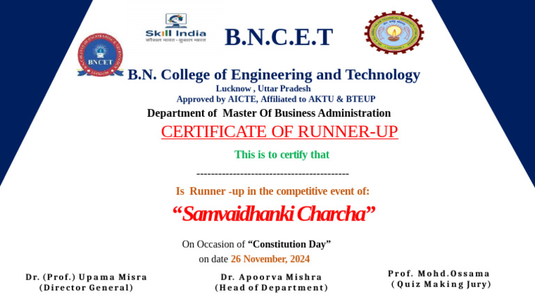 BNCET MBA Runner-Up Certificate | PDF