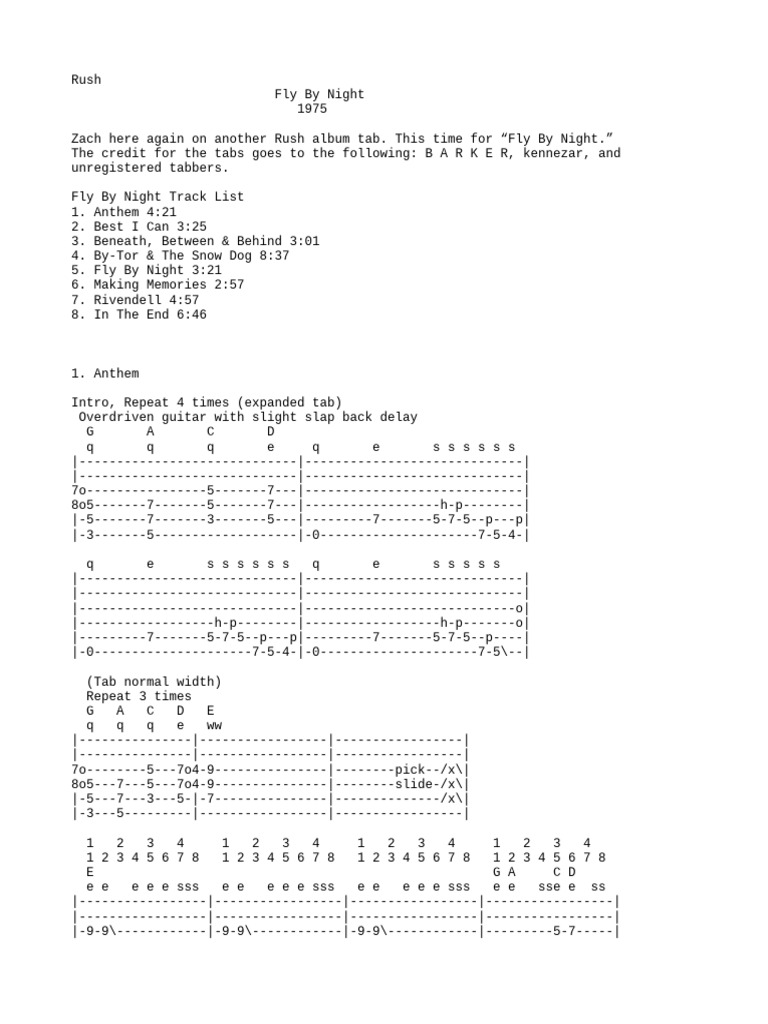 Rush Fly By Night Album Tabs | PDF | Popular Music | Musical Instruments