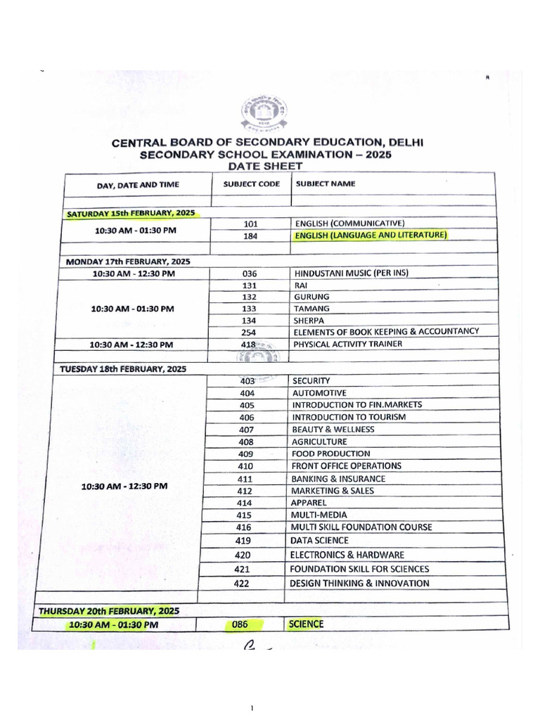 CBSE Class X Final Date Sheet | PDF