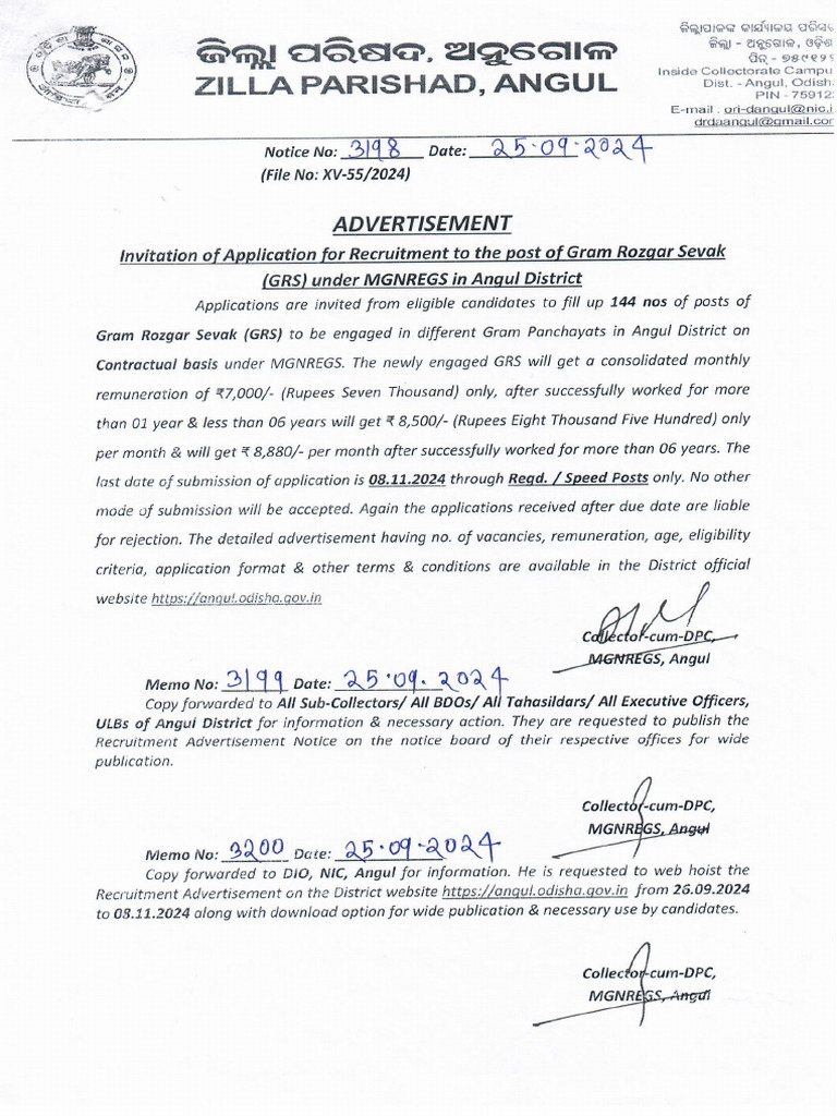 Notification Zill Parishad Angul GRS Posts | PDF