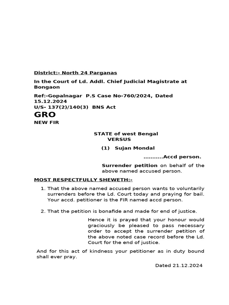 Surrender FOR ACJM GRO FILe Bongaon PS CASE NO 1138 | PDF