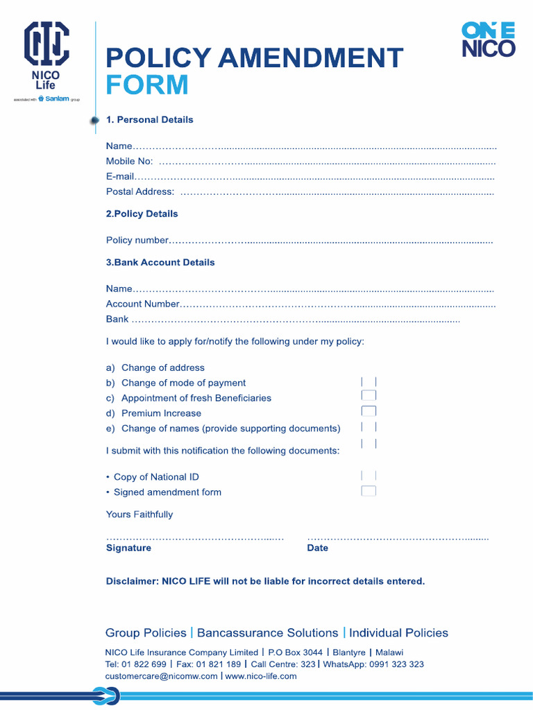 NICO Life Insurance Policy Amendment Form | PDF