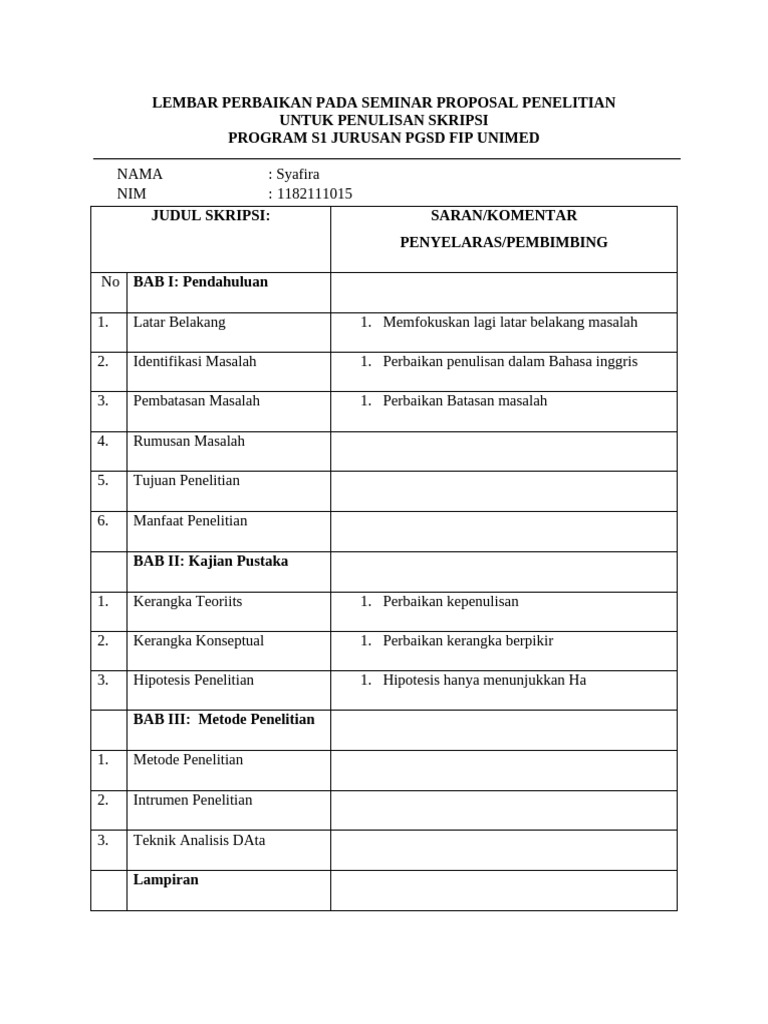 Lembar Perbaikan Pada Seminar Proposal Penelitian-1 | PDF