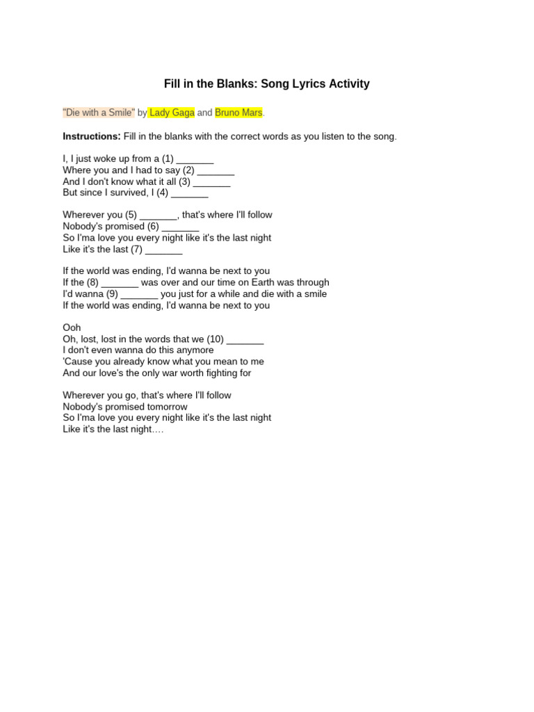 Fill in The Blanks - Song Lyrics Activity | PDF