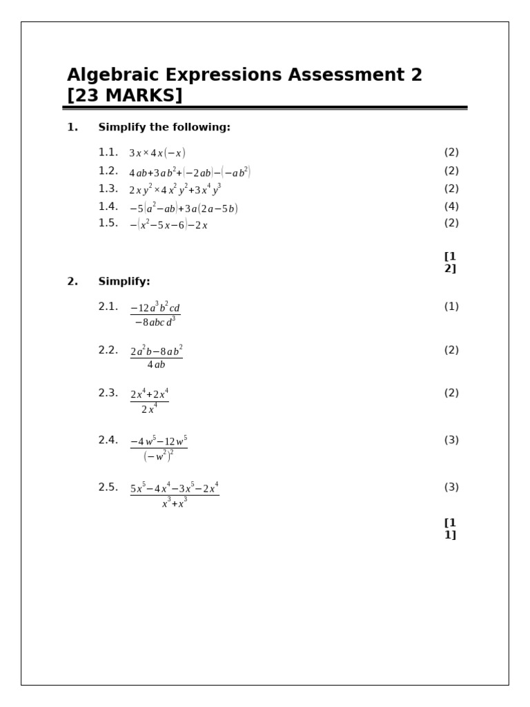 Algebraic Expressions Assessment 2 | PDF
