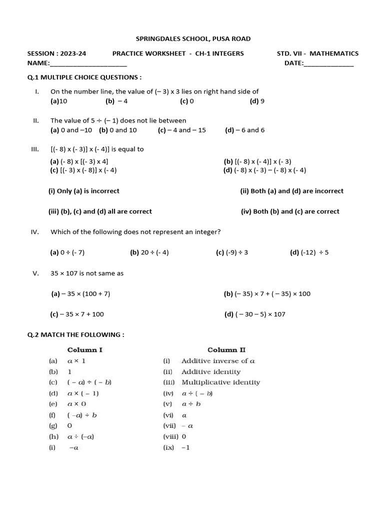 STD.7 Practice Worksheet CH-1 Integers | PDF | Ion | Electron