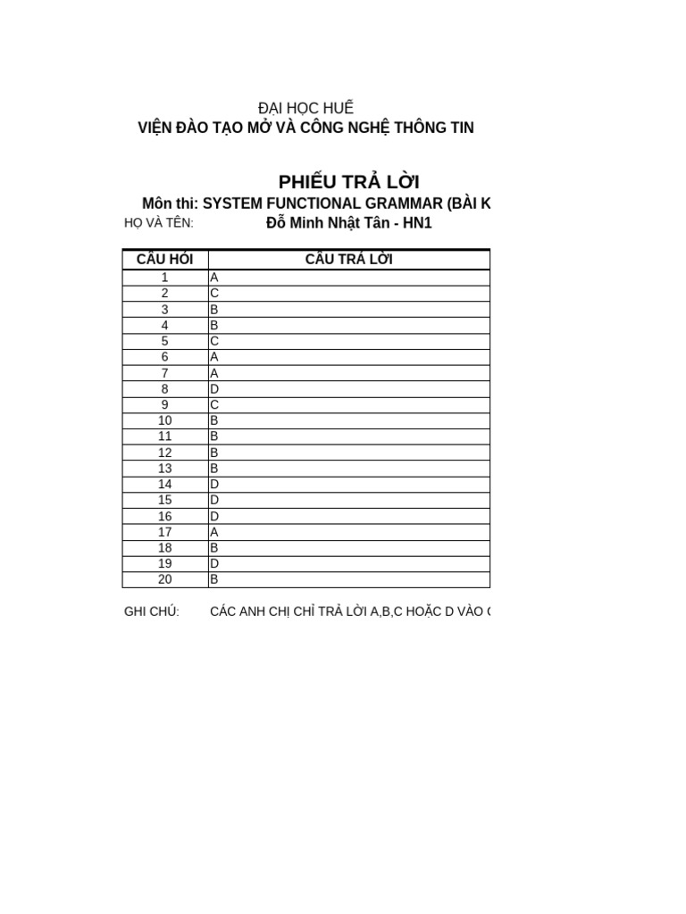 Phieu Lam Bai - Mid SFG Hangttl - hn1 - 7050000964 | PDF