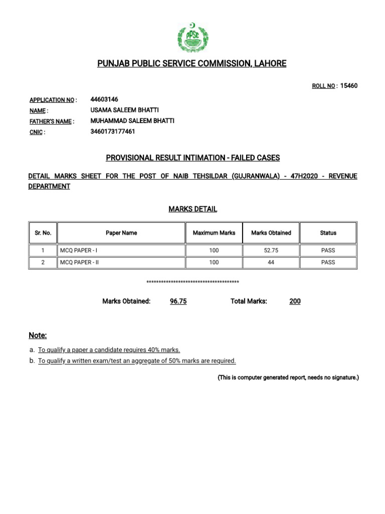 Detail Marks Sheet of Usama Saleem Bhatti NT | PDF