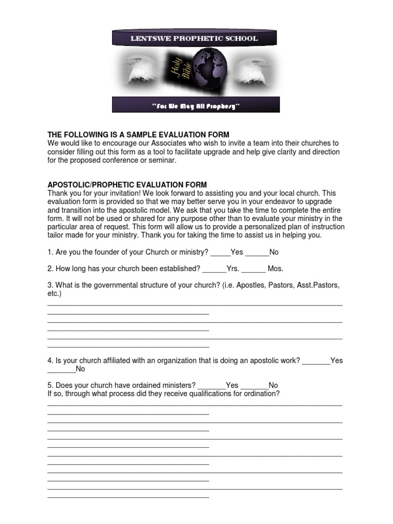 Apostolic and Prophetic Evaluation Form | PDF | Contemporary Worship ...
