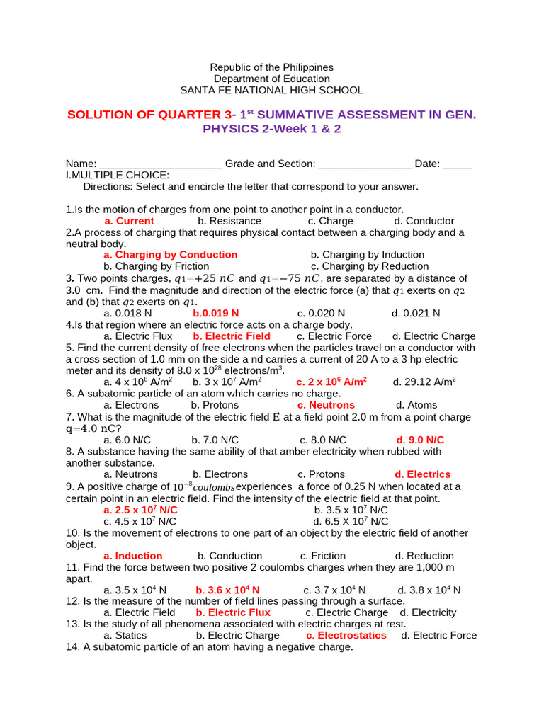 Physics 2 Summative Assessment Solutions | PDF | Electric Charge ...
