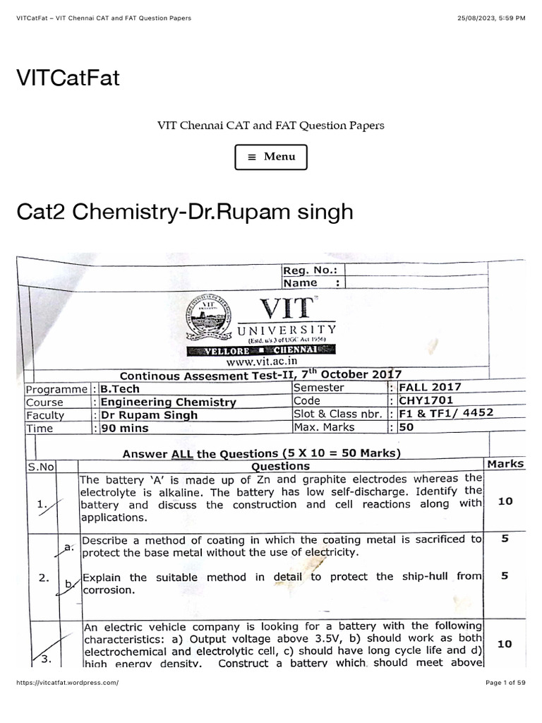 VITCatFat - VIT Chennai CAT and FAT Question Papers | PDF | Electronic ...