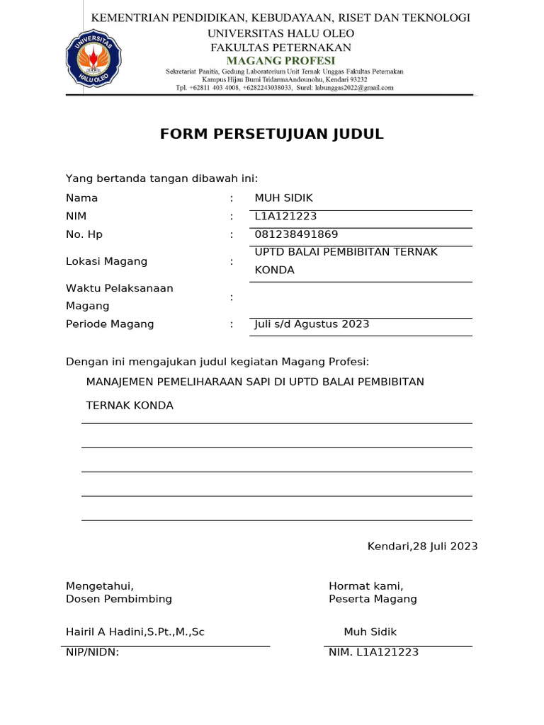 FORM PERSETUJUAN JUDUL Magang DIK | PDF