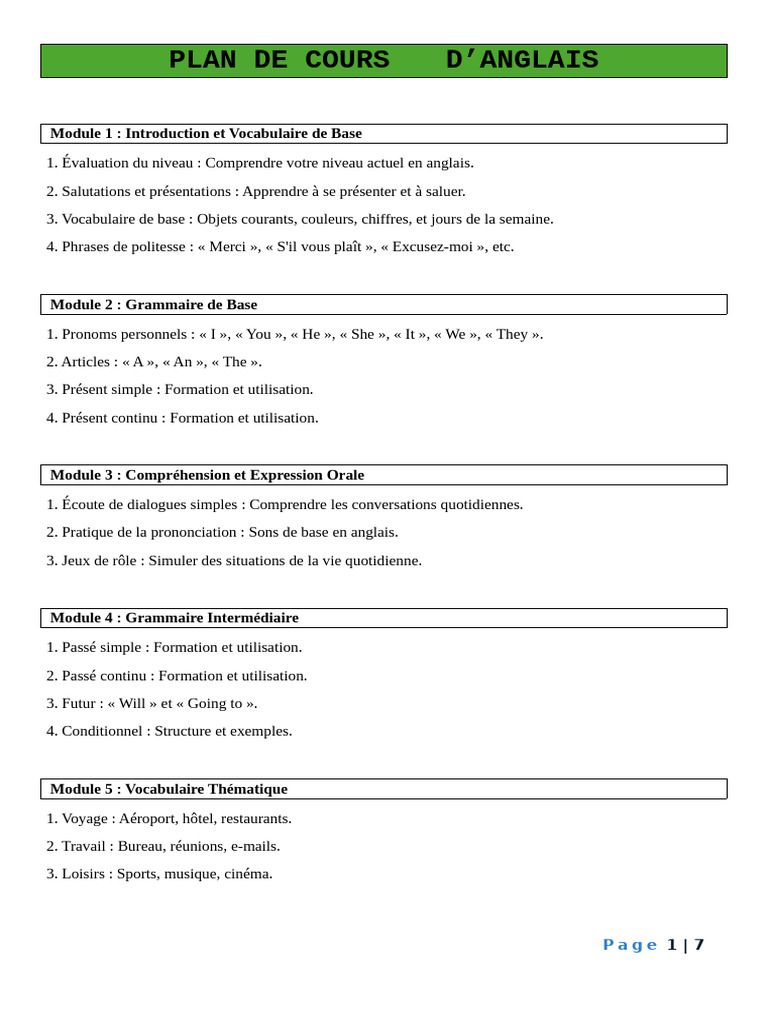 Plan de Cours d'Anglais Débutant | PDF | Phrase | Verbe