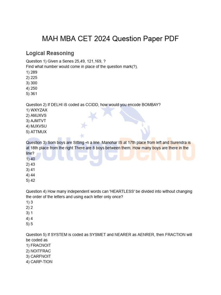 Mah Mba Cet 2024 Question Paper PDF | PDF