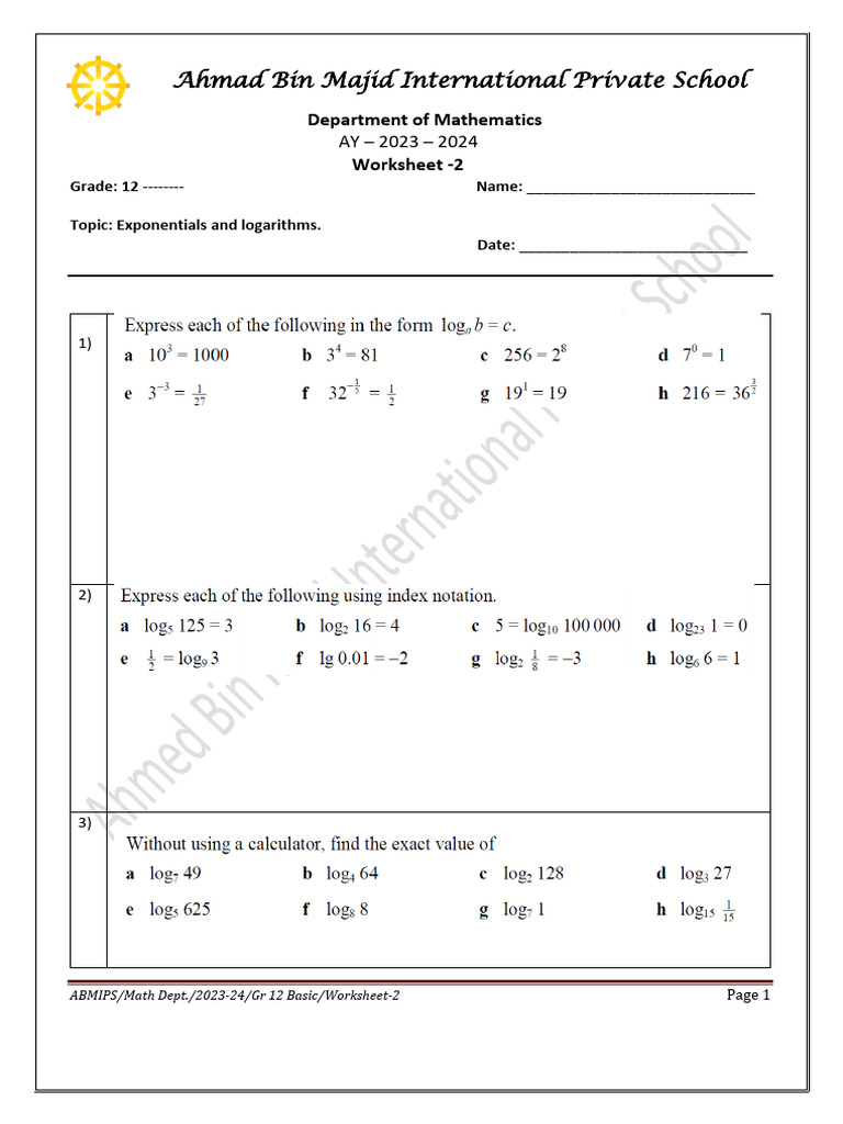 Grade 12 Math: Exponentials & Logs | PDF