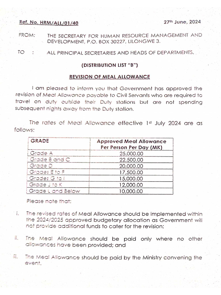 Circular For Revised Allowances For 2024 | PDF