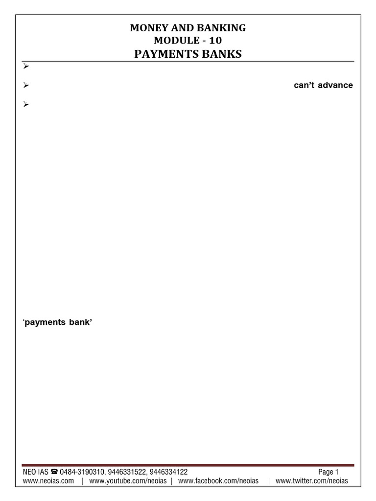 10. PAYMENTS BANKS | PDF | Banks | Reserve Bank Of India