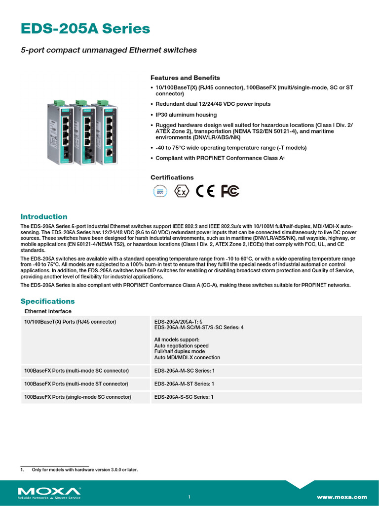 Moxa Eds 205a Series Datasheet v3.0 | PDF | Telecommunications | Electronics