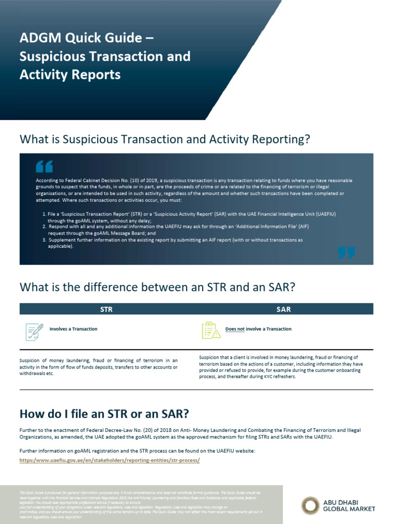 ADGM Quick Guide On STR and SAR Reporting | PDF | Terrorism Financing ...