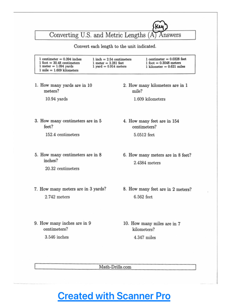 Key converting US and metric lengths | PDF Key converting US and metric lengths | PDF