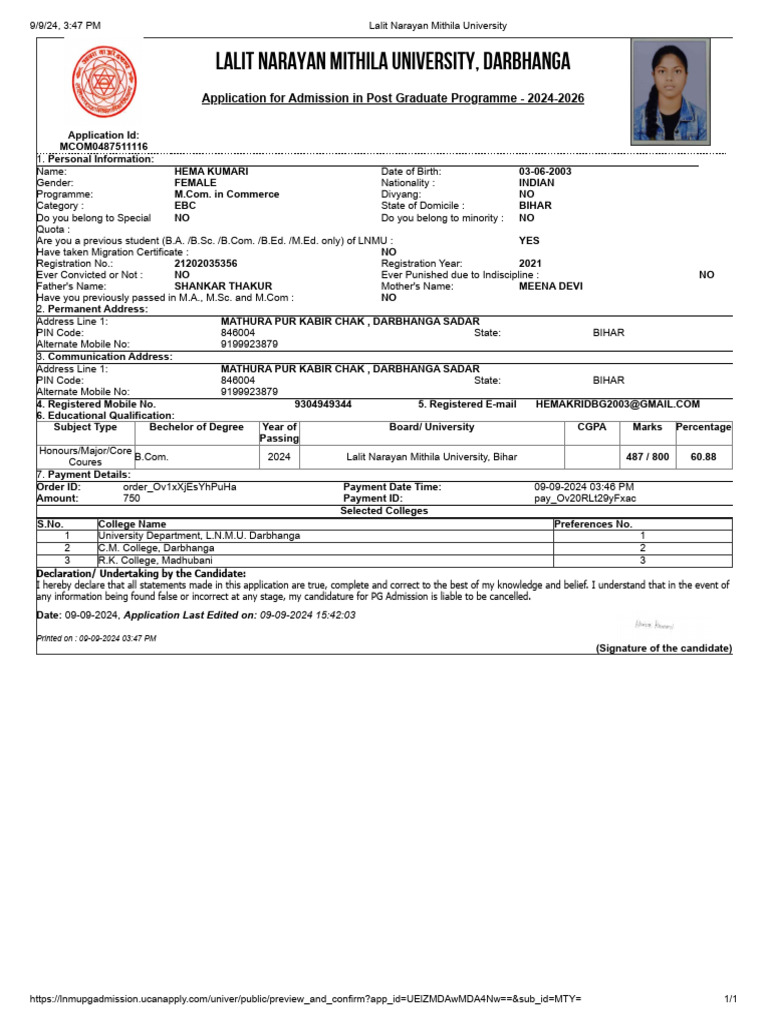 Lalit Narayan Mithila University Acknowledgement | PDF