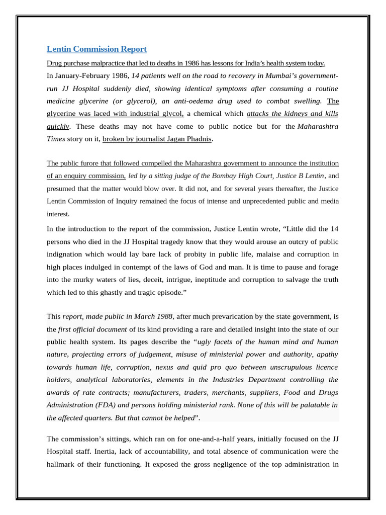 Lentin Commission Report | PDF | Food And Drug Administration | Drug Test
