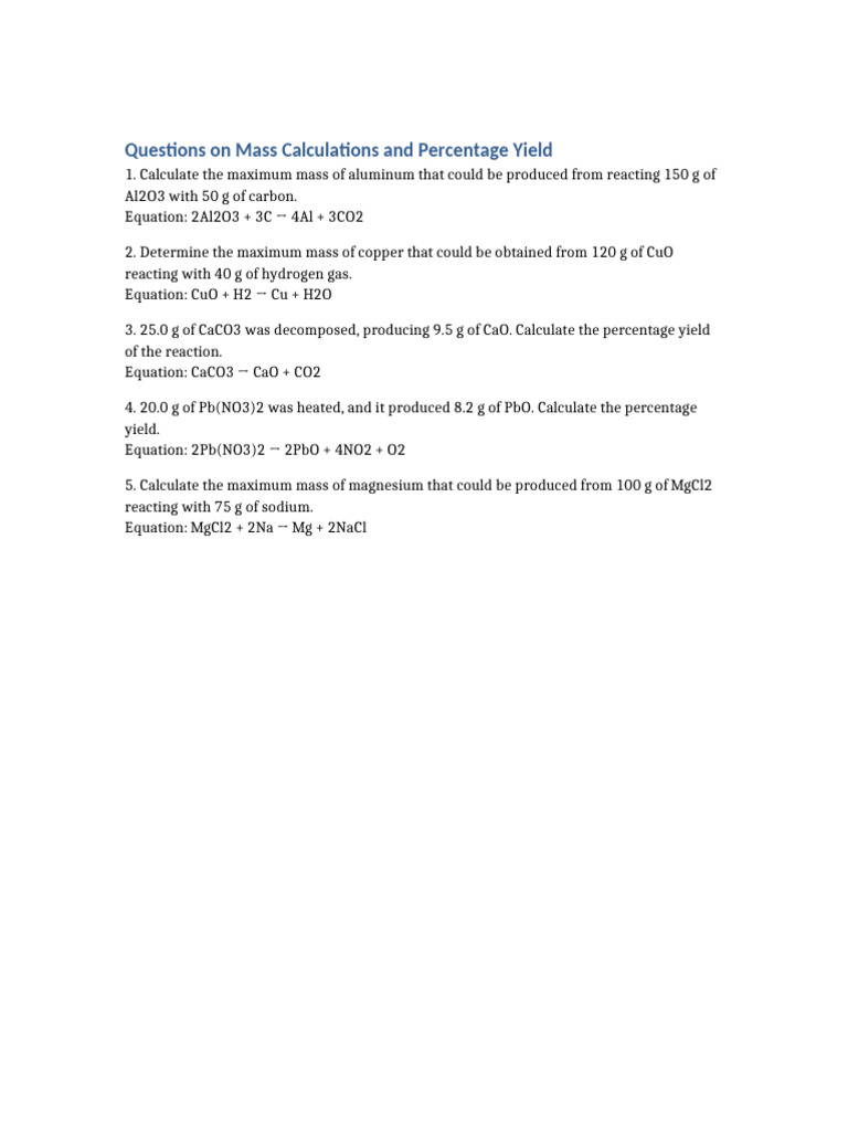 Mass Calculations & Yield Analysis | PDF